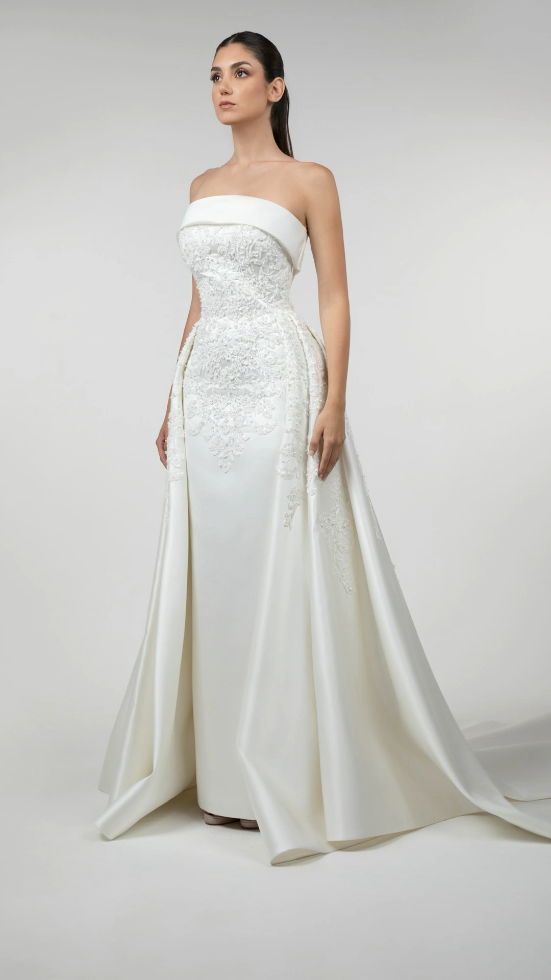 Strapless Satin Gown with Folded Bust & Overskirt – Bilal El Dana